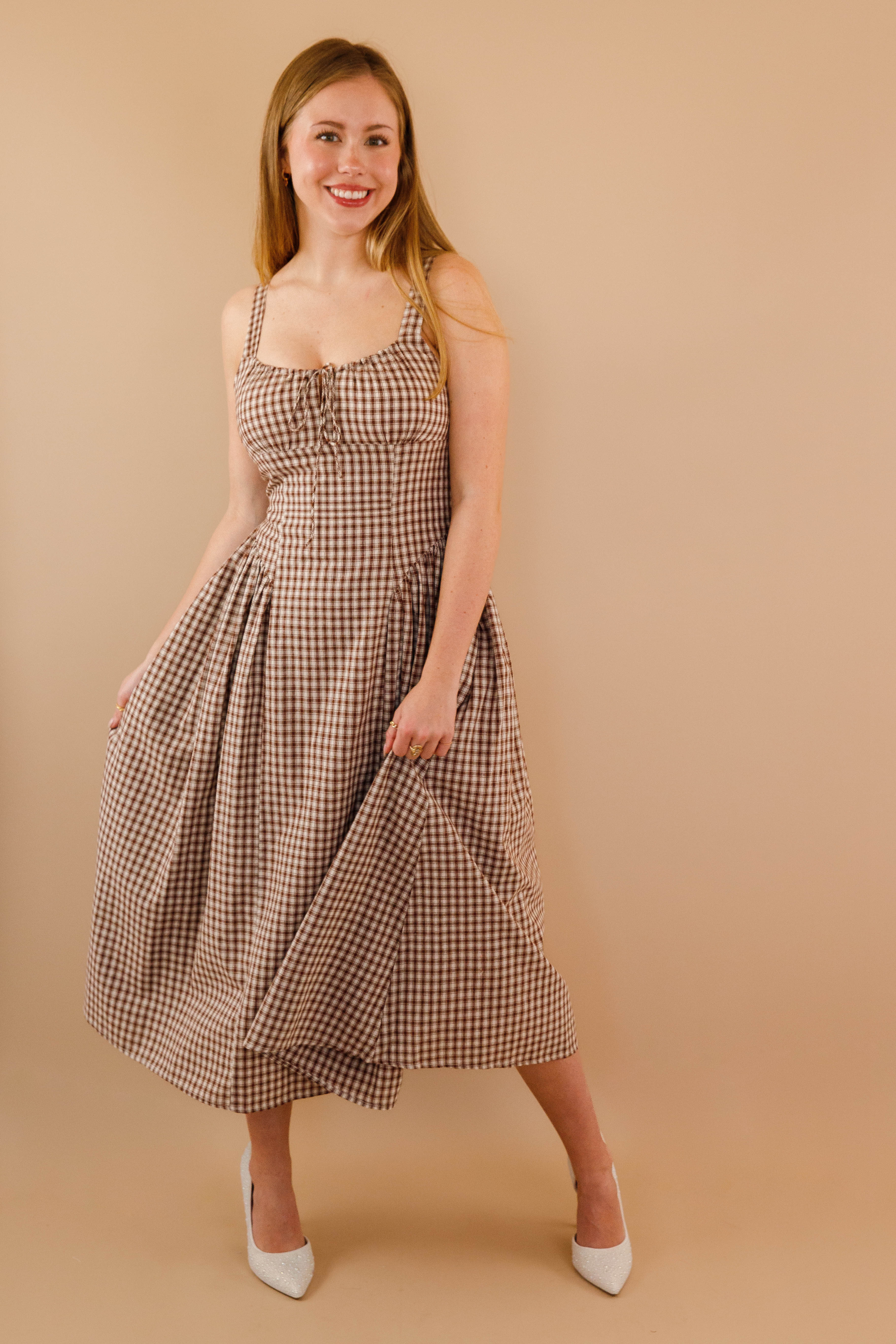 Milkmaid Bodice Maxi Dress- Women's Brown Gingham Dropwaist Dress ...