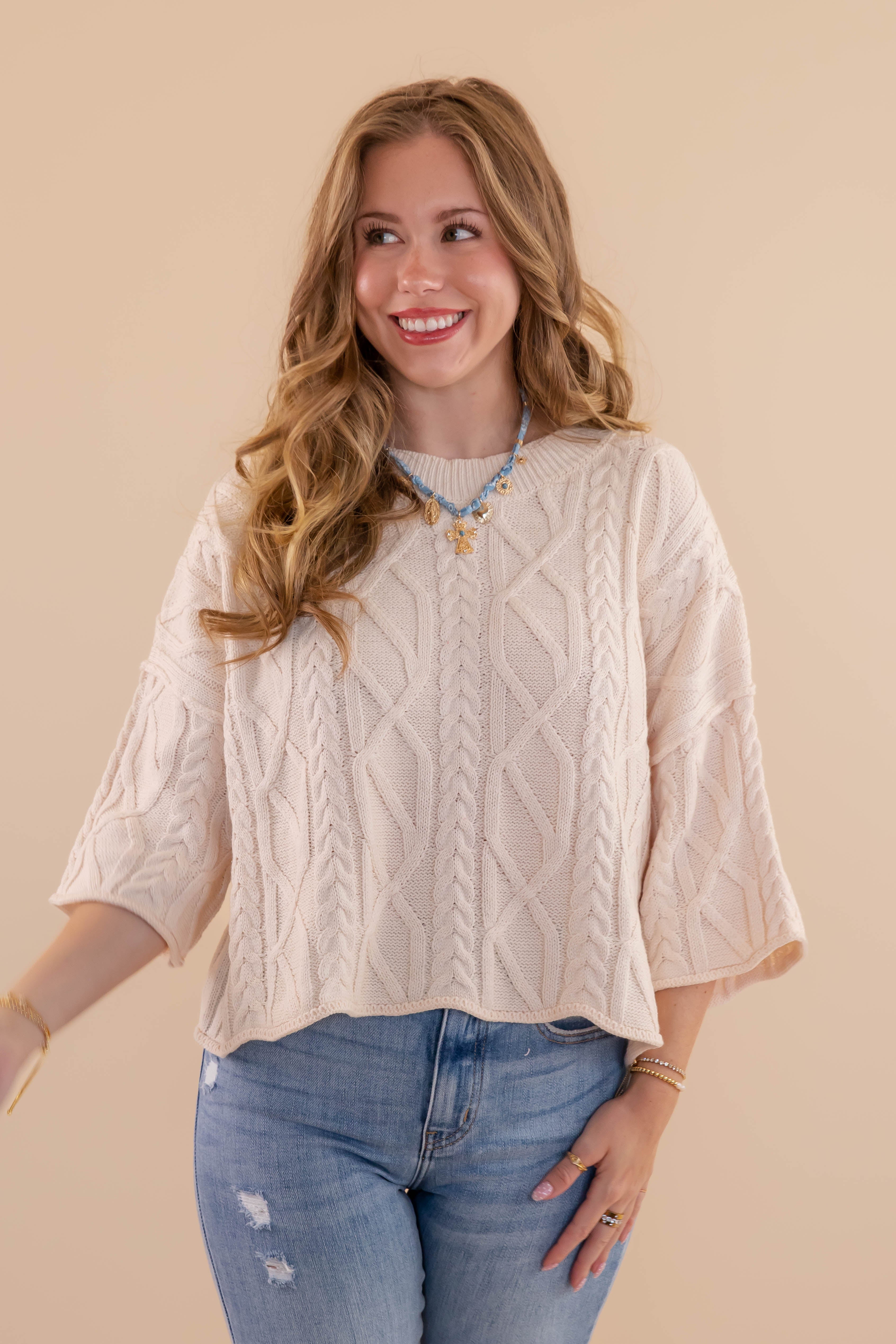 Cream Cable Knit Sweater- Light Weight Cable Knit Sweater- Entro Cable ...