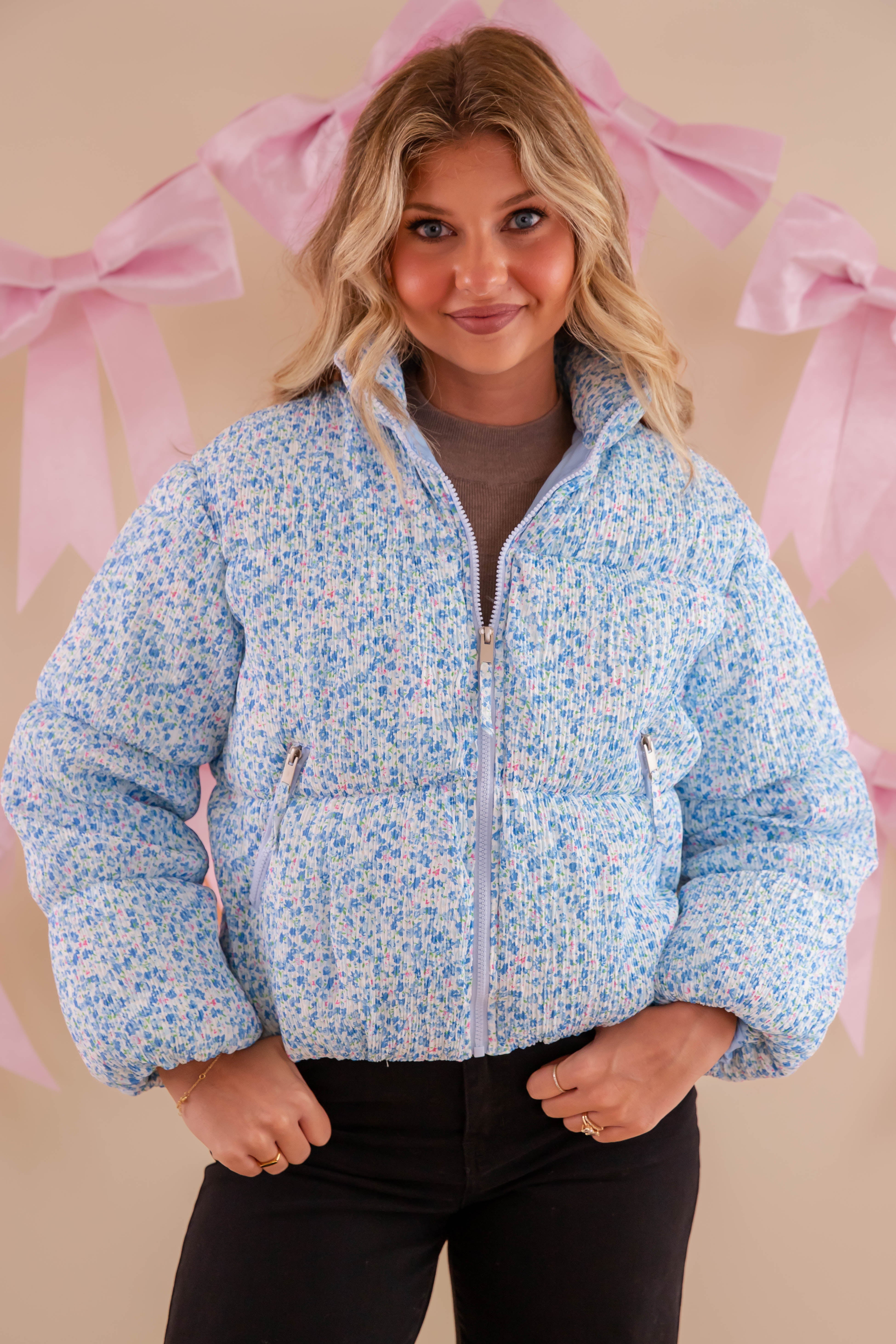 Blue Floral Puffer Jacket- Women's Preppy Floral Puffer Coat- TCEC ...