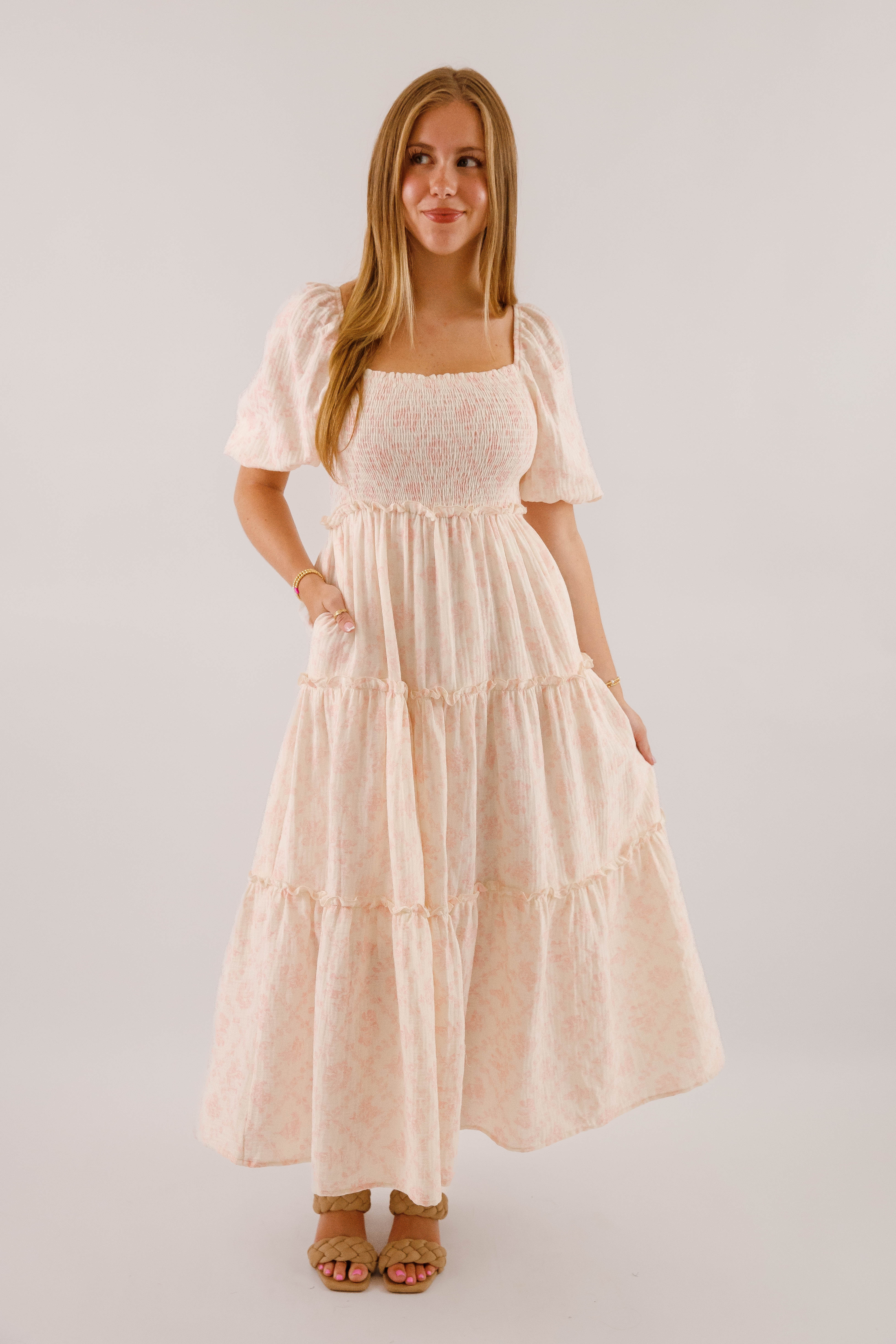 Pink and Ivory Floral Cotton Midi Dress- Women's Conservative Dresses ...