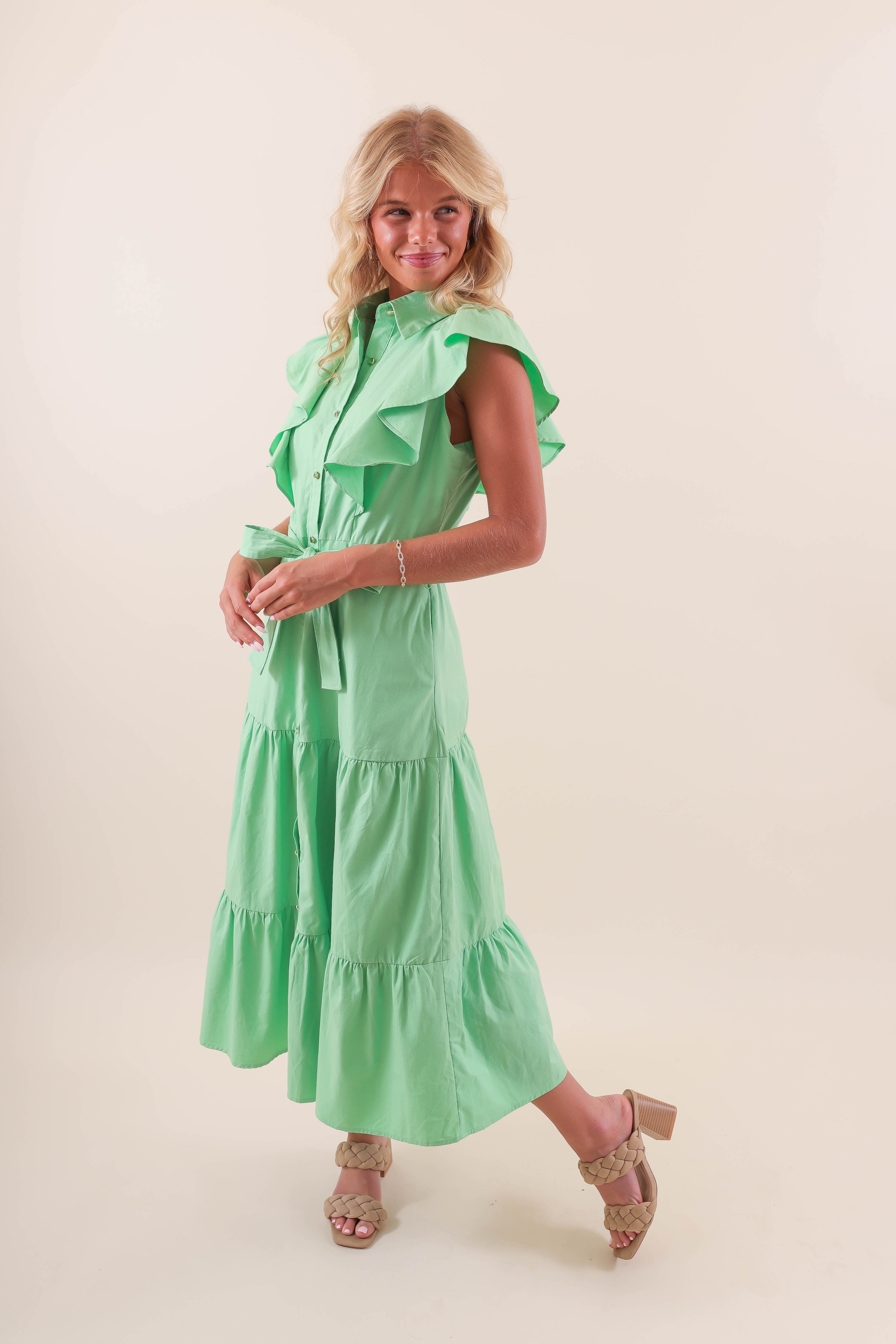 Ruffle Button-Down Poplin Midi Dress- Women's Preppy Green Midi Dress ...