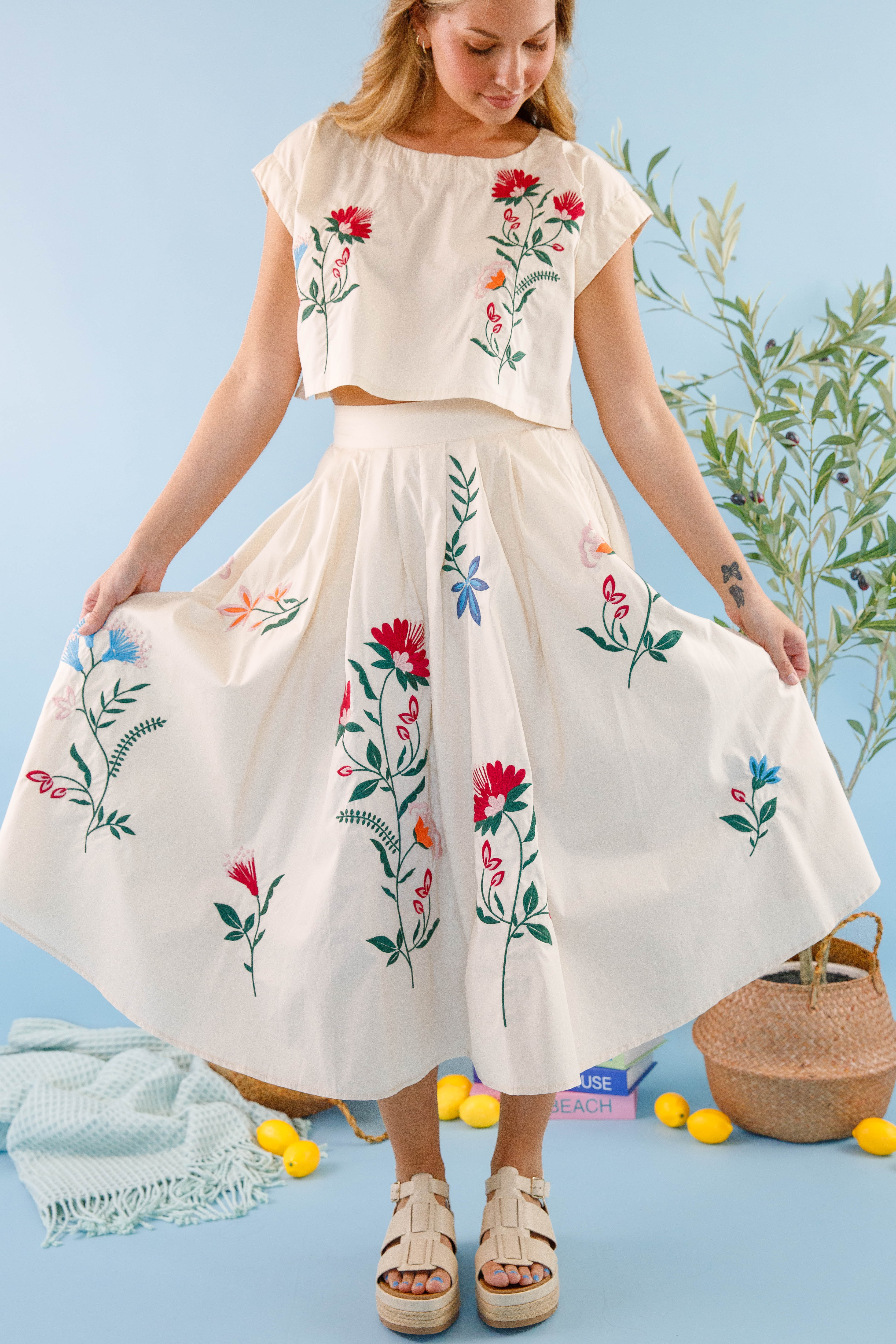 Midi Flare Skirt- Two Piece Embroidered Set- Mable Floral Set – Juliana ...