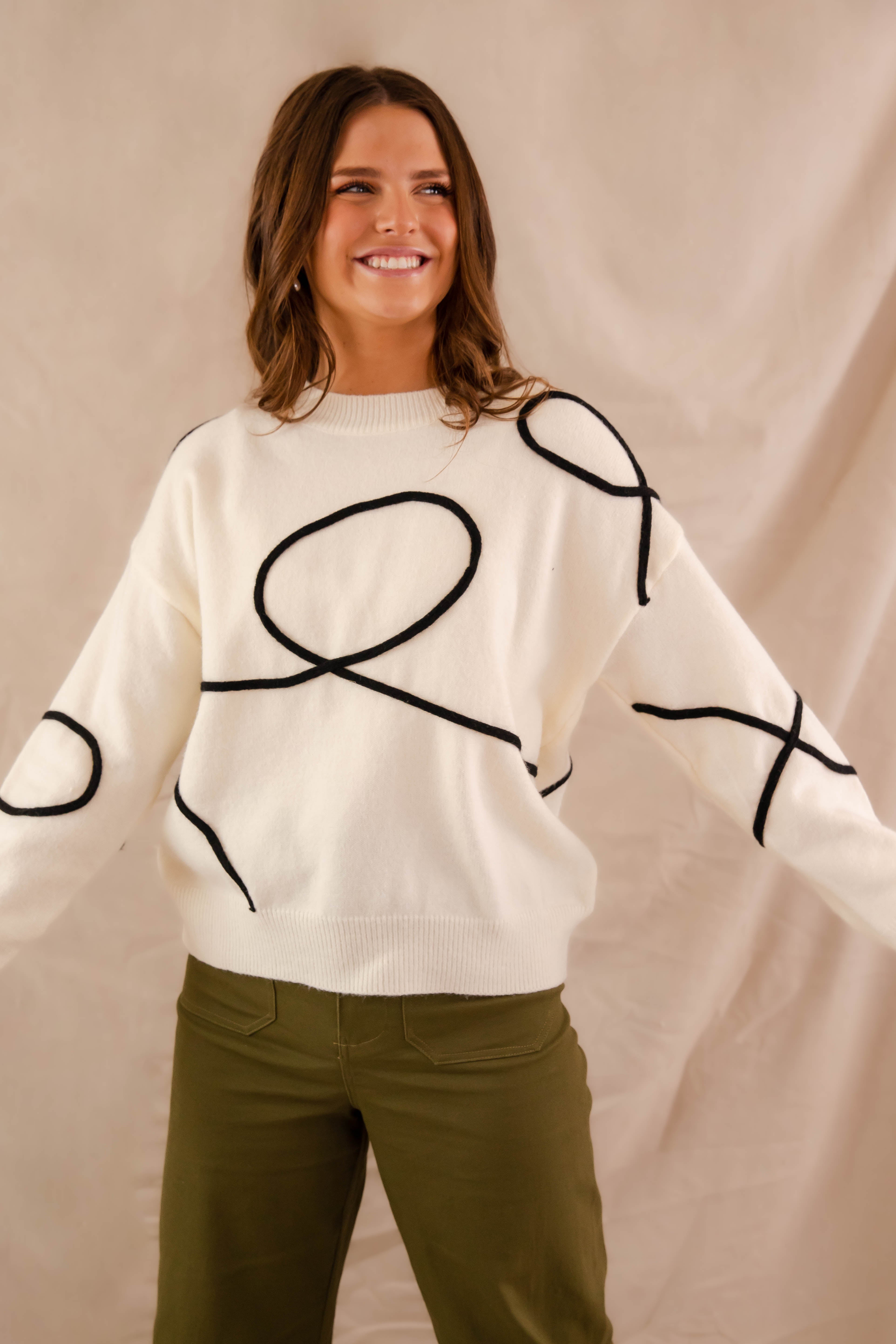 Women's Black and White Sweater- Fun Sweaters For Women- Swirl Design ...