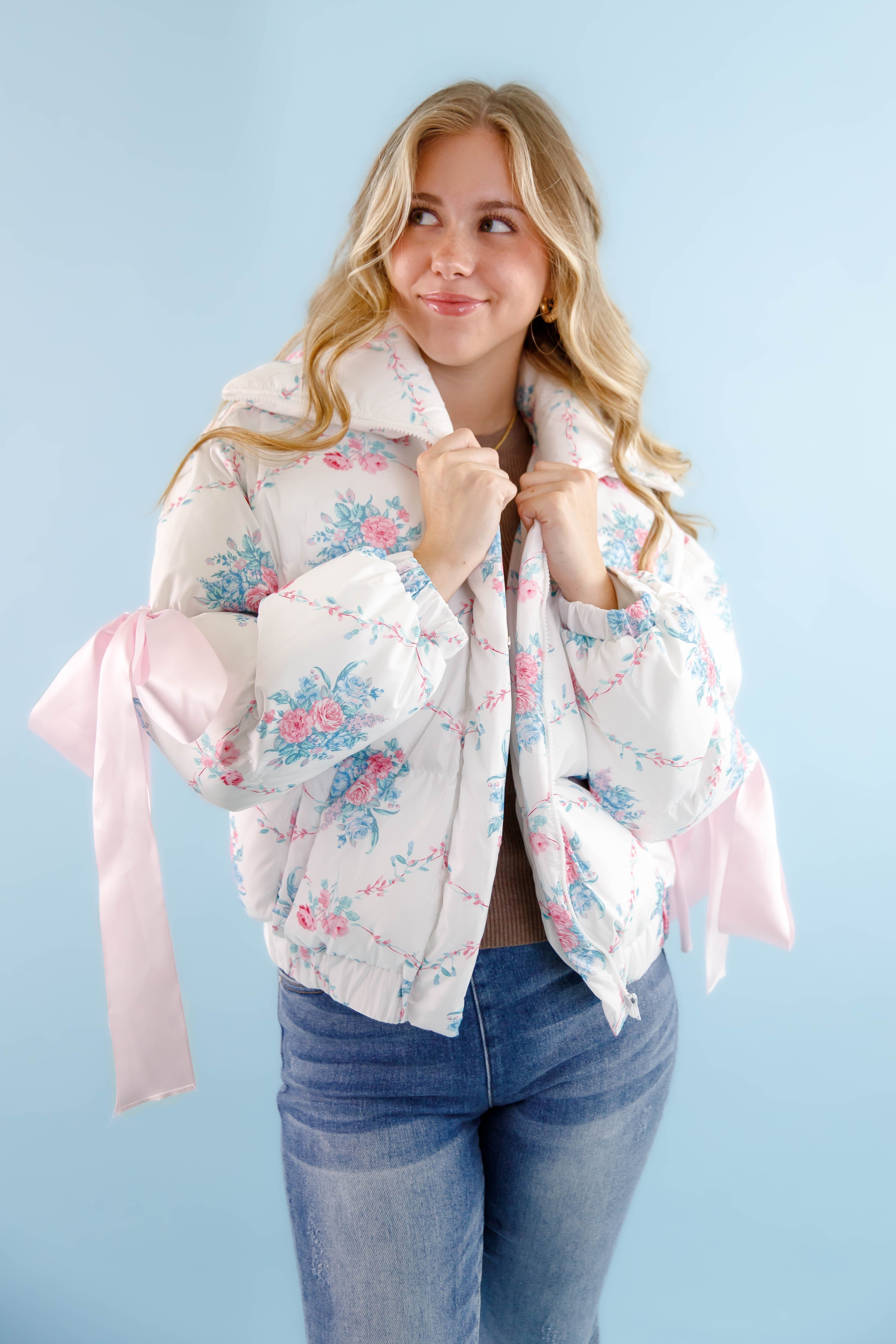 Floral Puffer Jacket- Women's Pink Bow Puffer Jacket- TCEC White Puffer ...