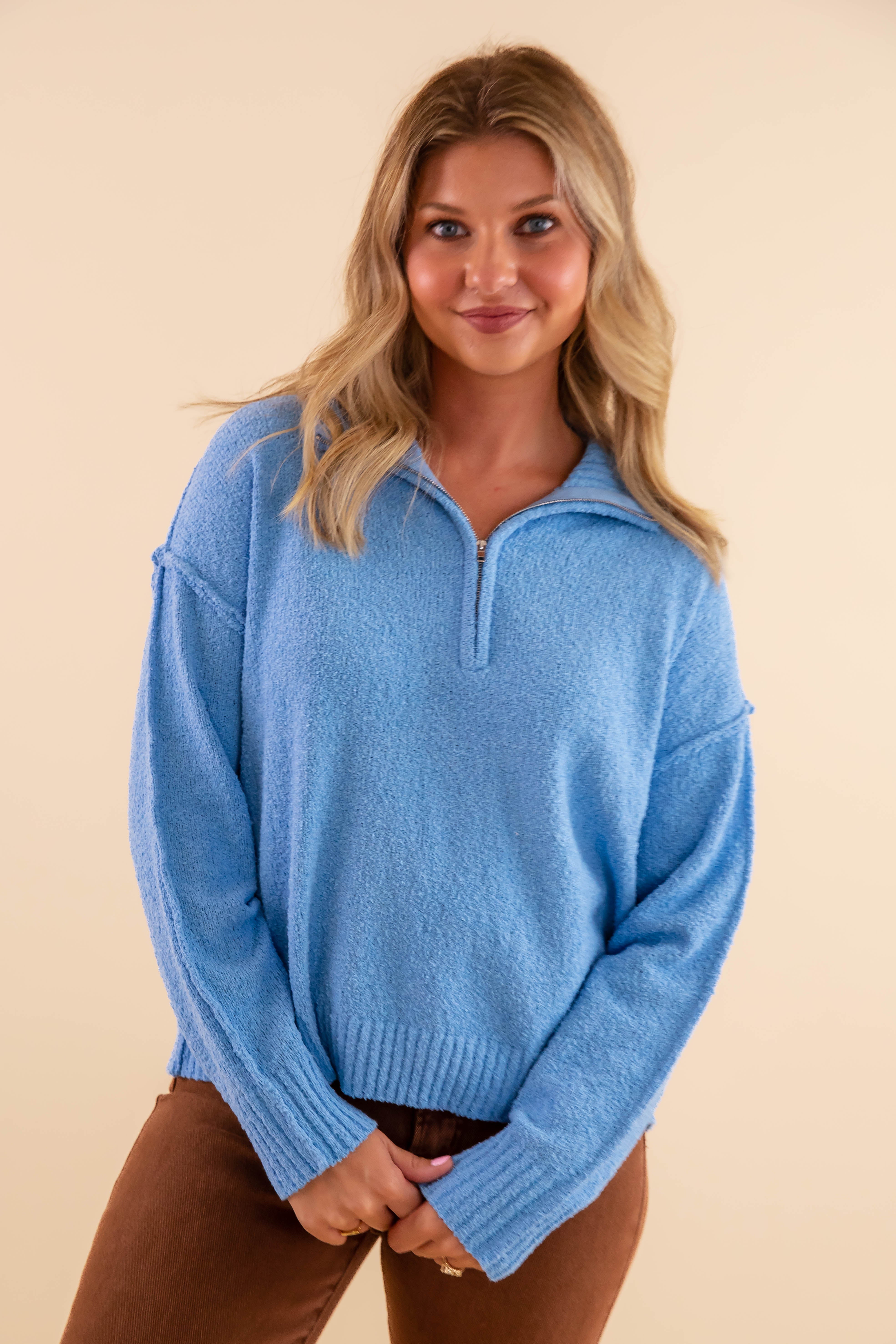 Classic Blue Zip Up Sweater- Women's Quarter Zip Sweater- Promesa Light ...